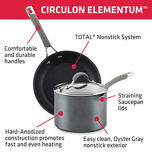 Circulon 84567 3-Qt.Covered Straining Pour Spouts Hard Anodized Aluminum Saucepan, 3 quart, Oyster Gray