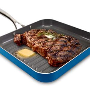 EaZy MealZ Square Non-Stick Grill Pan for Stove, Light weight, Perfect Grill Marks, Oven Safe up to 500 Degrees, Large, 10.5" Blue