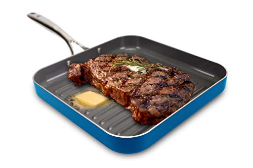 EaZy MealZ Square Non-Stick Grill Pan for Stove, Light weight, Perfect Grill Marks, Oven Safe up to 500 Degrees, Large, 10.5" Blue