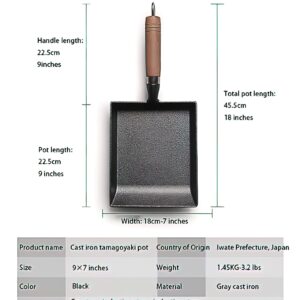 YYMIYU Tamagoyaki Japanese Omelette Pan Cast Iron Wooden Handle 9×7 inch