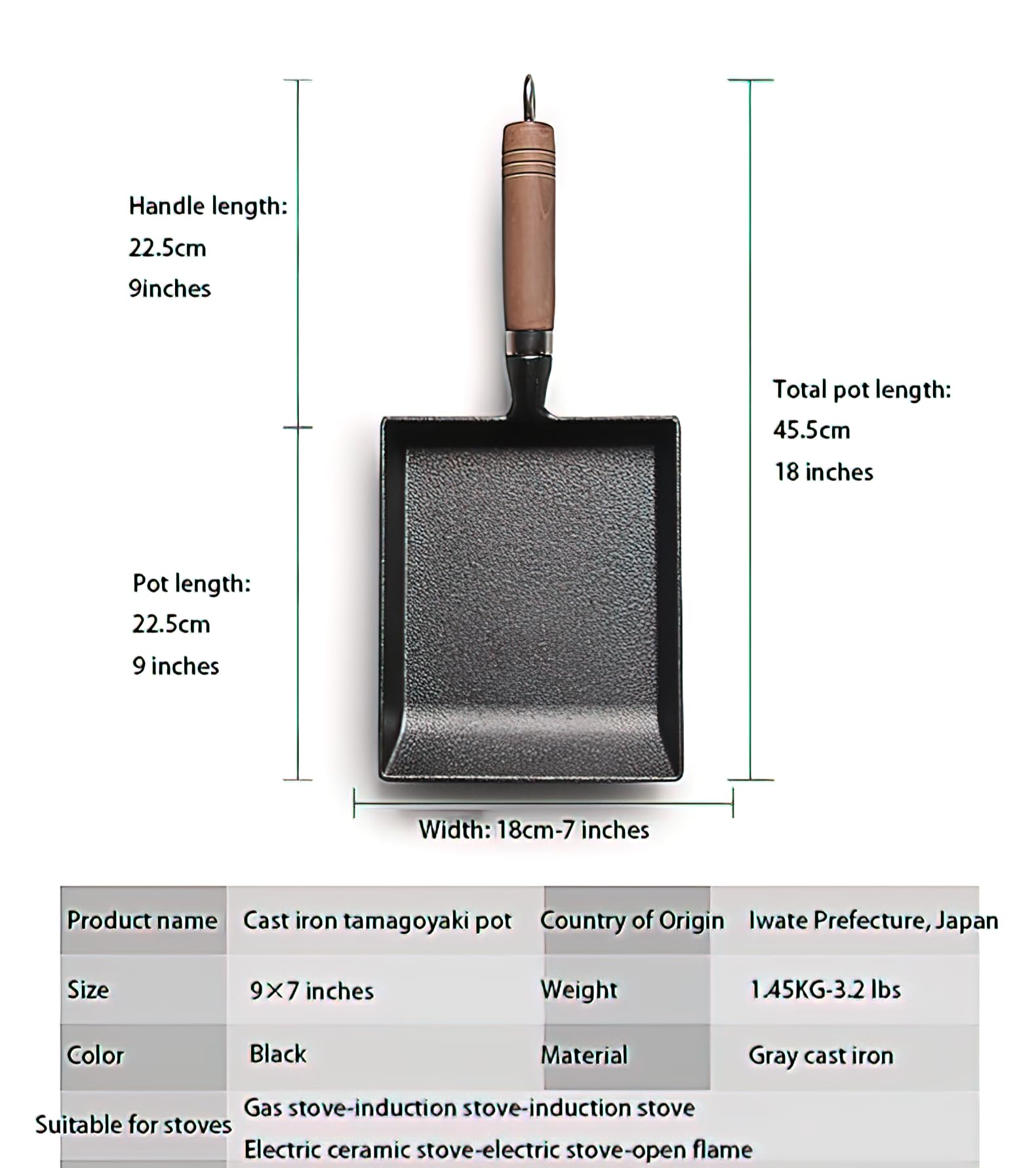 YYMIYU Tamagoyaki Japanese Omelette Pan Cast Iron Wooden Handle 9×7 inch