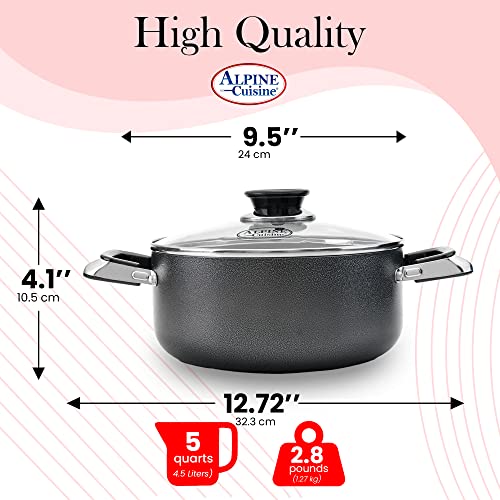 Alpine Cuisine 5 Quart Non-stick Stock Pot with Tempered Glass Lid and Carrying Handles, Multi-Purpose Cookware Aluminum Dutch Oven for Braising, Boiling, Stewing