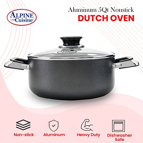 Alpine Cuisine 5 Quart Non-stick Stock Pot with Tempered Glass Lid and Carrying Handles, Multi-Purpose Cookware Aluminum Dutch Oven for Braising, Boiling, Stewing