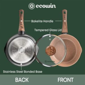 Ecowin Nonstick Deep Frying Pan Skillet with Lid, 11 Inch/ 5Qt Granite Coating Saute Pan, Non Stick Fry Pan for Cooking with Bakelite Handle, Induction Compatible, Dishwasher and Oven Safe, PFOA Free