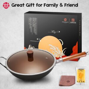 WANGYUANJI Carbon Steel Wok,14.2" Wok Pan with Lid, Woks & Stir-Fry Pans No Chemical Coated Wok for Induction, Electric, Gas, Halogen All Stoves-Practical Gift Flat Bottom Iron Wok