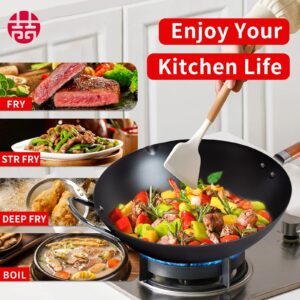 WANGYUANJI Carbon Steel Wok,14.2" Wok Pan with Lid, Woks & Stir-Fry Pans No Chemical Coated Wok for Induction, Electric, Gas, Halogen All Stoves-Practical Gift Flat Bottom Iron Wok