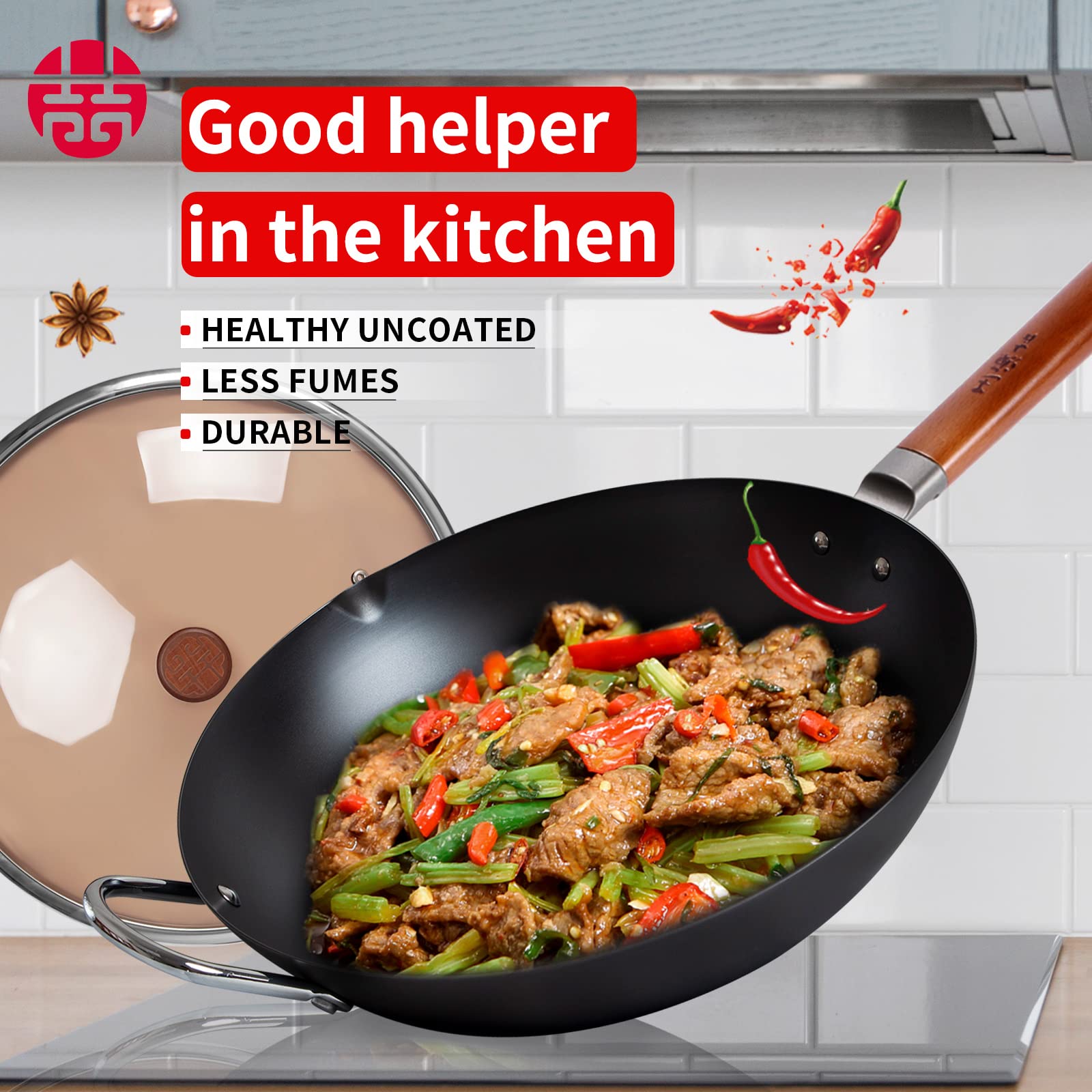 WANGYUANJI Carbon Steel Wok,14.2" Wok Pan with Lid, Woks & Stir-Fry Pans No Chemical Coated Wok for Induction, Electric, Gas, Halogen All Stoves-Practical Gift Flat Bottom Iron Wok