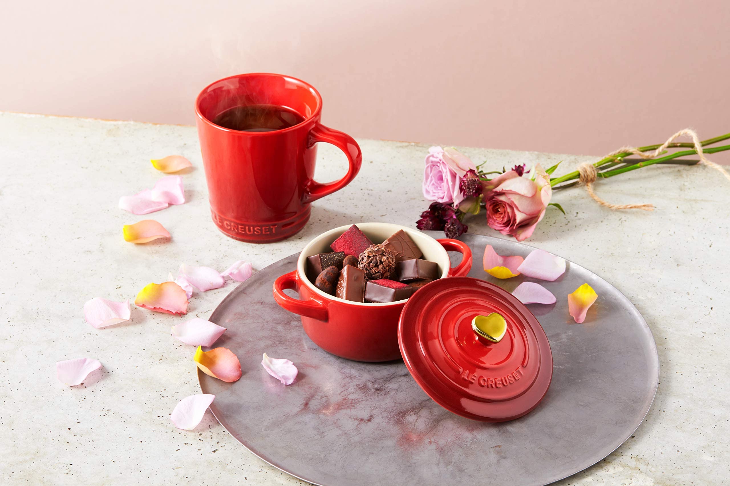 Le Creuset Cerise with Gold Heart Knob Stoneware Mini Round Cocotte, 8 oz