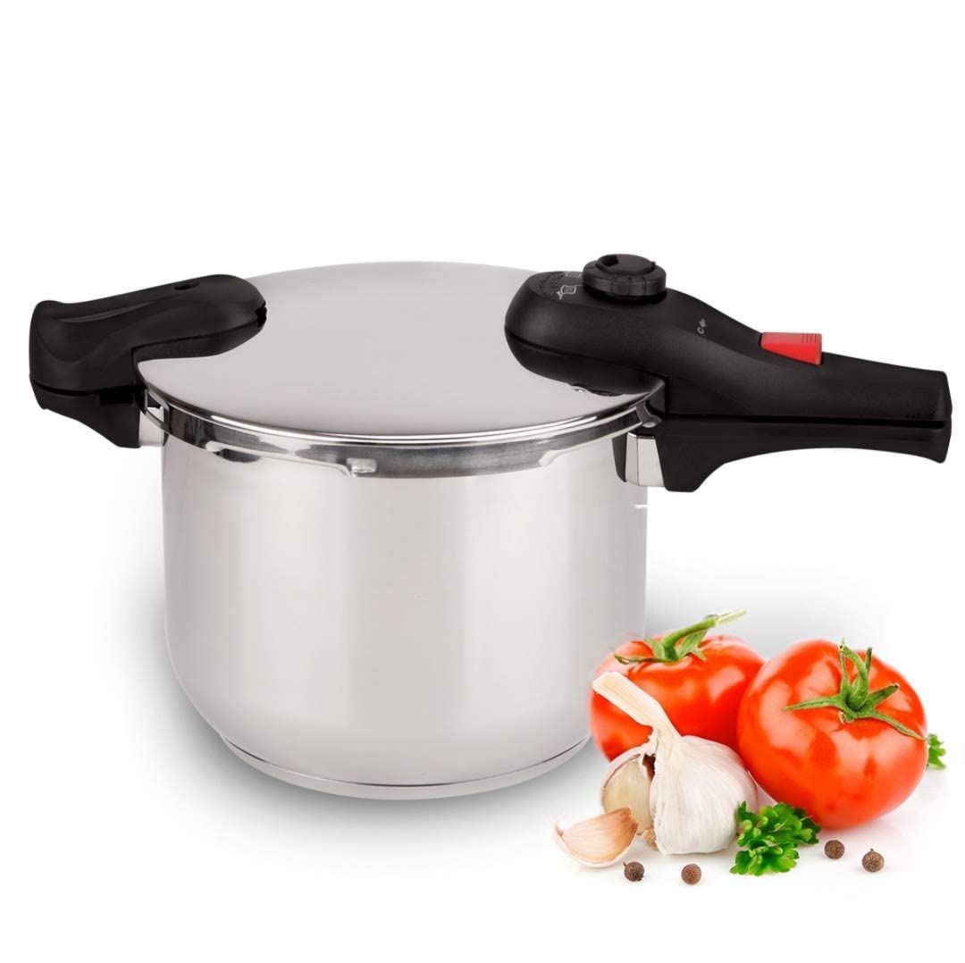 Bogner - Stainless Steel Pressure Cooker. 4 Safety Security System Valve and Clip Closure, 8.4 quartz Capacity, Compatible with all types of stoves