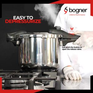 Bogner - Stainless Steel Pressure Cooker. 4 Safety Security System Valve and Clip Closure, 8.4 quartz Capacity, Compatible with all types of stoves