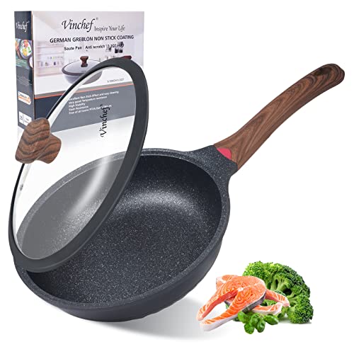 Vinchef Nonstick Deep Frying Pan Skillet with Lid, 9.5in/3Qt Saute Pan, German 3C+ Ceramic Coating Technology, Heat Indicator, Induction Compatible