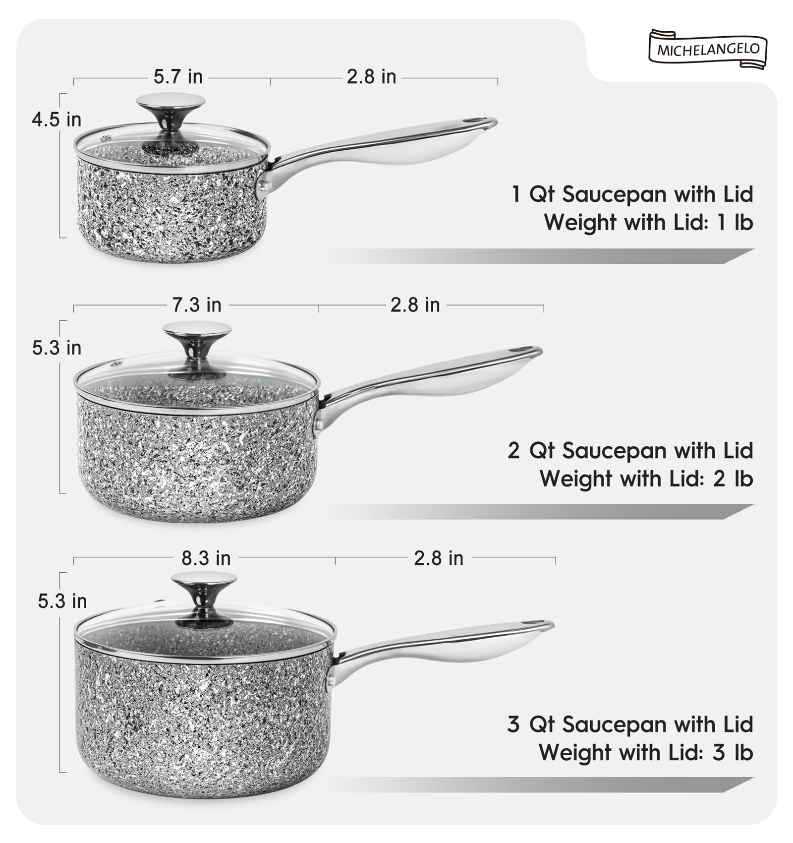 MICHELANGELO Saucepan with Lid 3 Quart, Ultra Nonstick Sauce Pan with Non toxic Stone-Derived Coating, Sauce Pot with Lid, Stone Saucepan with Lid, 3 Quart Sauce Pan