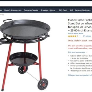 Mabel Home Paella Pan + Paella Burner and Stand Set on Wheels + Complete Paella Kit for up to 20 Servings - 23.65 inch Gas Burner + 25.60 inch Enamaled Steel Paella Pan