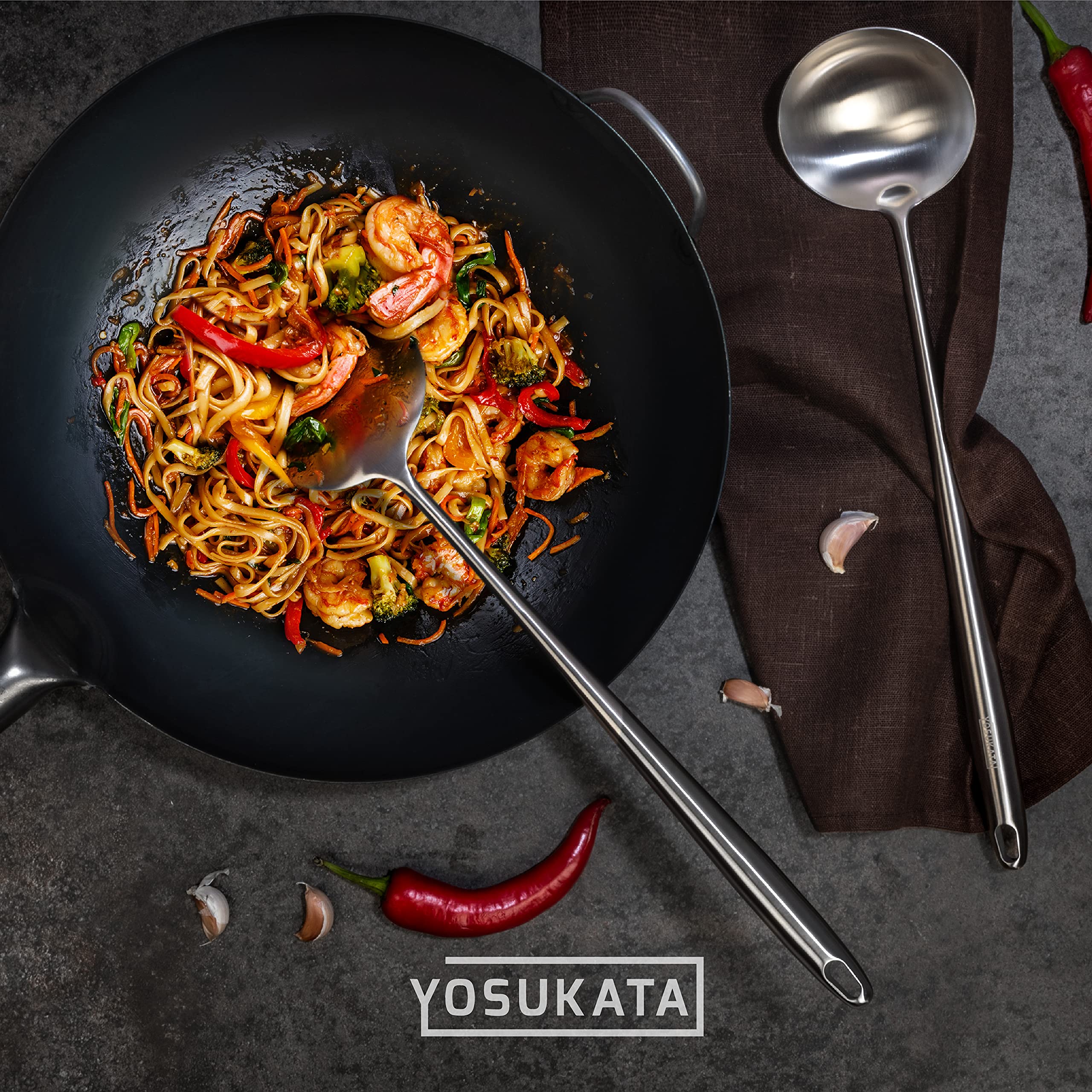 YOSUKATA Flat Bottom Wok Pan - 13.5" + Premium Wok Cover 13,5 inch Pan Lid - 13.5" Blue Carbon Steel Wok + 17’’ Wok Spatula and Ladle - Set of 2 Heat-Resistant Wok Tools