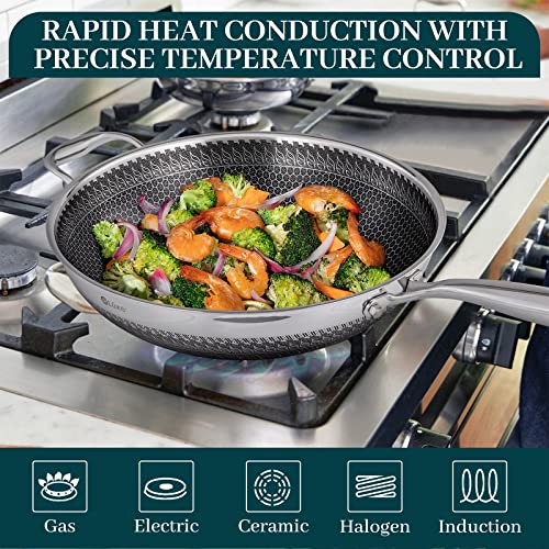 DELUXE Wok and Stir-Fry Pan, Nonstick Honeycomb Pan Kitchen Cookware with Lid, Induction Gas Stove, Suitable for Cooking, Saute, Skillet, Dishwasher and Oven Safe (12.6INCH 316 Stainless steel)