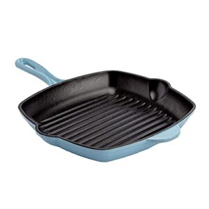 country living enameled cast iron square griddle grill pan with ridges, helper handle and pouring spouts for easy draining, indoor grilling skillet, 11-inch, blue