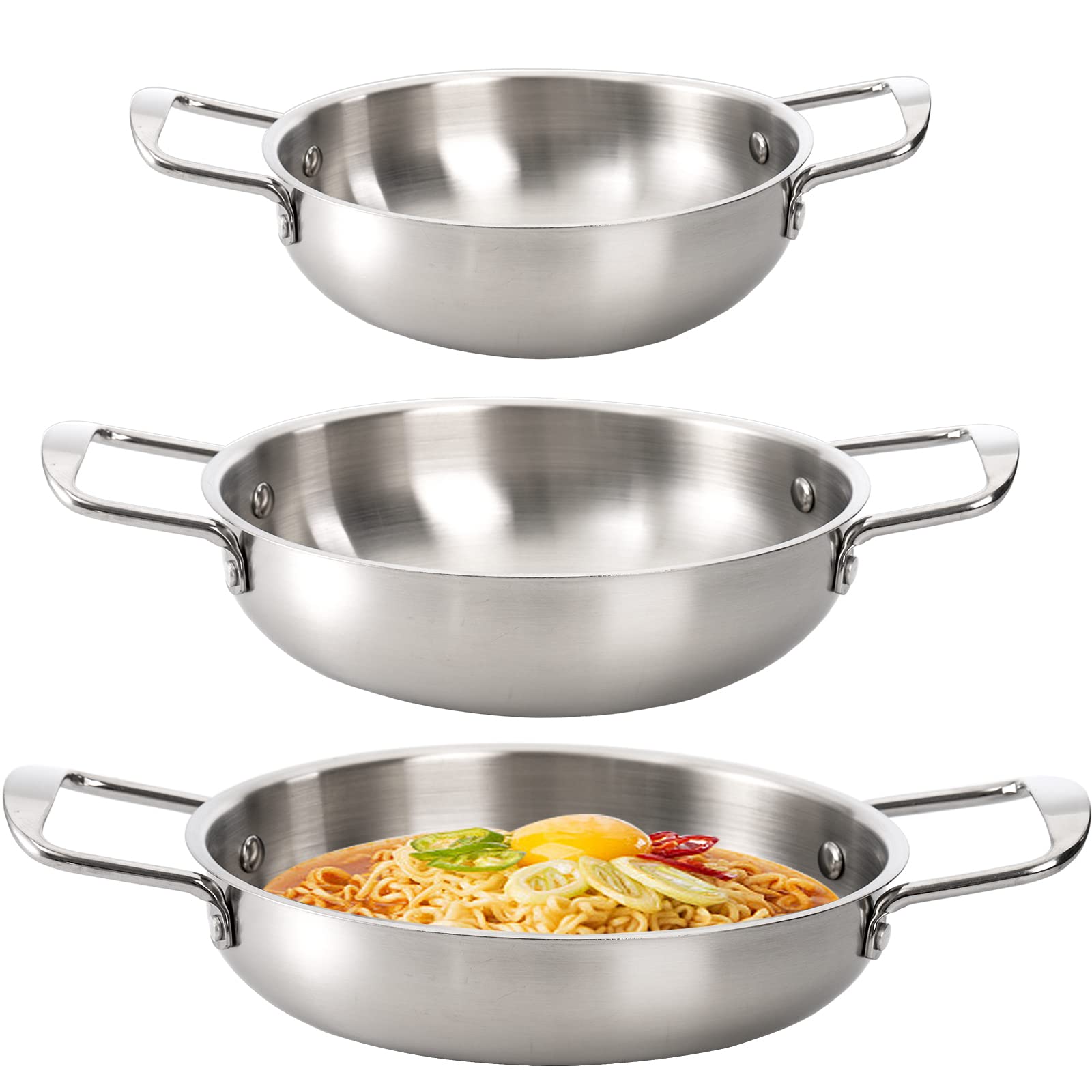 YOUEON Set of 3 Korean Ramen Pot with Handles, 7/8.5/9.5 in Stainless Steel Ramen Cooking Pot Korean Noodle Pot without Lid, Fast Heating For Kitchen Cookware, Dishwasher Safe, Silver