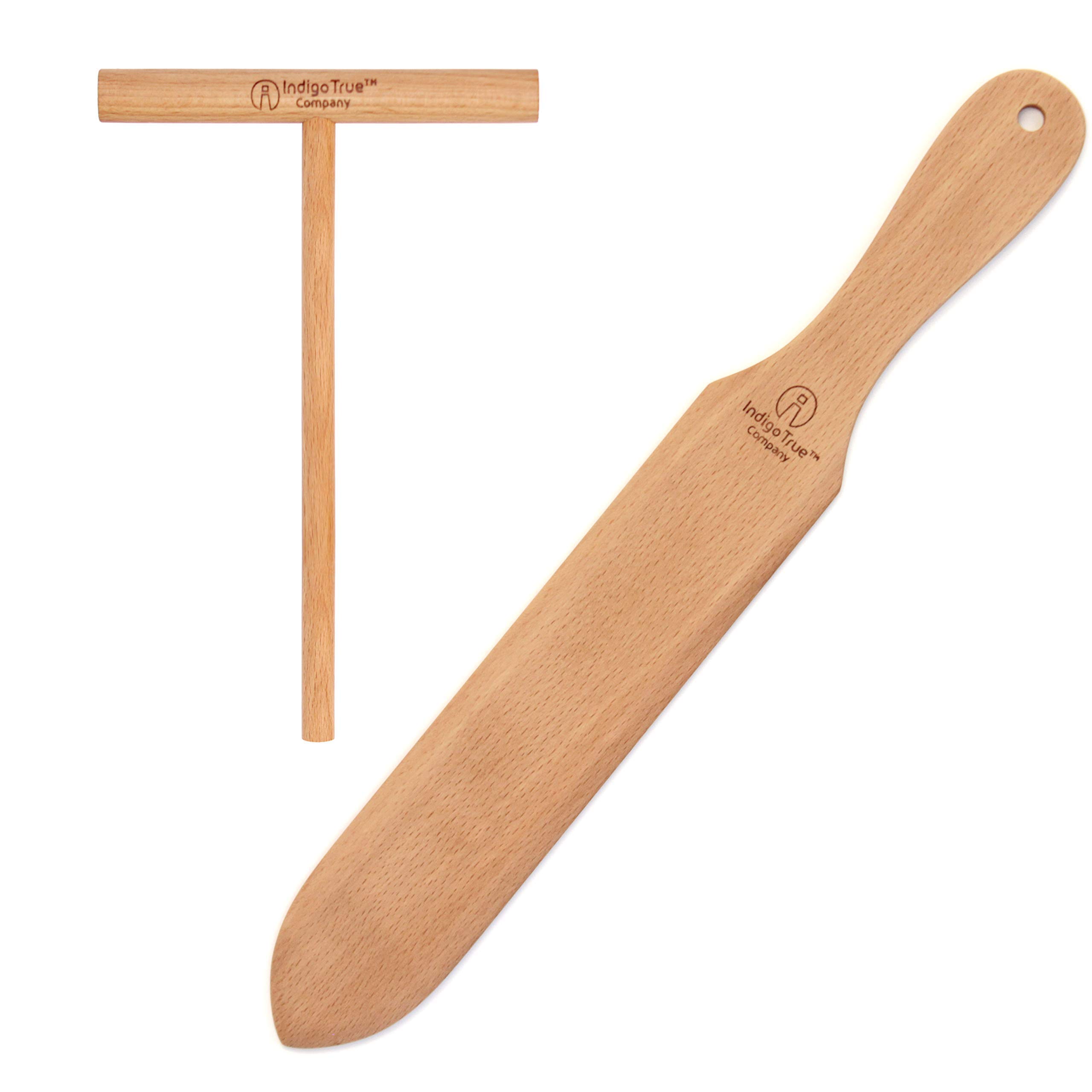 The ORIGINAL Crepe Spreader and Spatula Kit - 2 Piece Set (5” Spreader and 14” Spatula) Convenient Size to Fit Medium Crepe Pan Maker | All Natural Beechwood Construction only From Indigo True Company