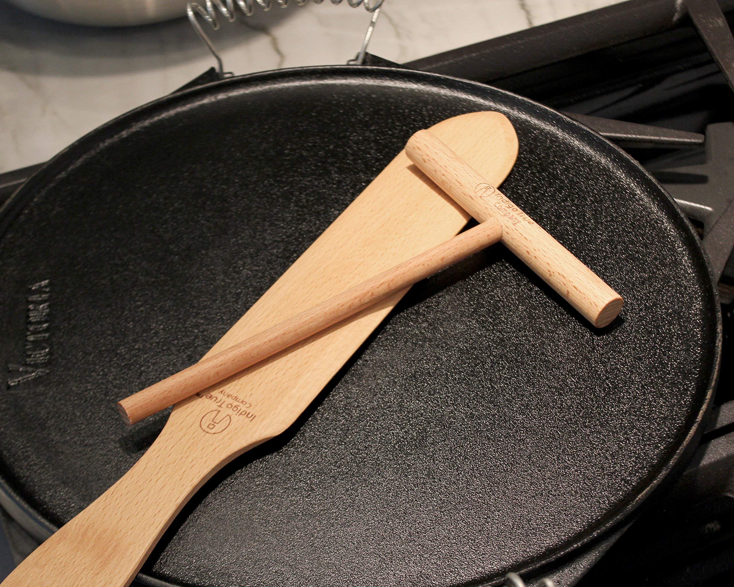 The ORIGINAL Crepe Spreader and Spatula Kit - 2 Piece Set (5” Spreader and 14” Spatula) Convenient Size to Fit Medium Crepe Pan Maker | All Natural Beechwood Construction only From Indigo True Company