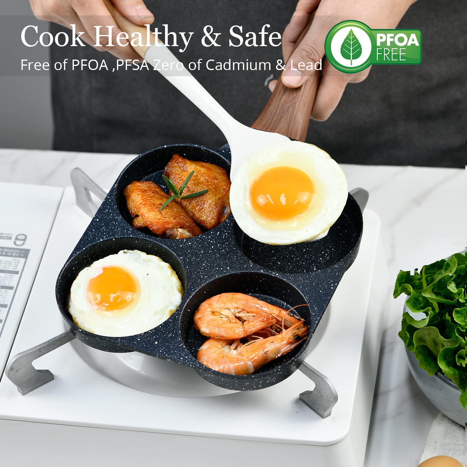 DIIG Egg Pan Non Stick Pancake Pan, 4-Cup Nonstick Egg Frying Pan, Granite Mini Egg Cooker Pan for Breakfast, Small Egg Skillet Suitable For Gas Stove & Induction Top