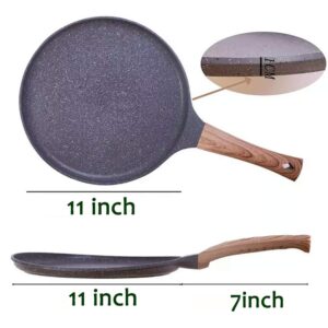 XSMNER 11 Inch Crepe Pan Pancake Pan, Non-stick Pans Frying Pan Household Wooden Handle Pancake Cooking Pan for Omelette, Tortillas, steak, Induction Compatible