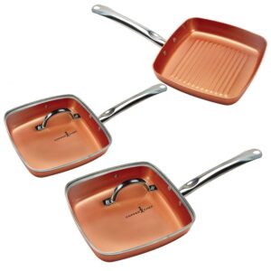 copper chef non-stick square fry pan 5-piece set, 8 inch griddle pan, 9.5 inch grill pan, 11 inch griddle pan, 9.5 inch lid, 11 inch lid