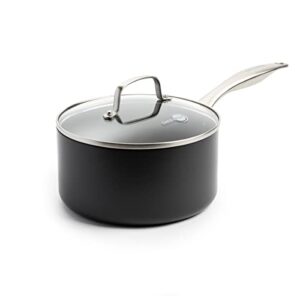 greenpan canterbury hard anodized healthy ceramic nonstick, 3.25qt saucepan pot with lid, pfas-free, dishwasher safe, oven safe, black