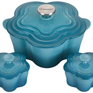 Le Creuset Enameled Cast Iron 2.25qt. Flower Cocotte and (2) Stoneware Mini flower Ramekins