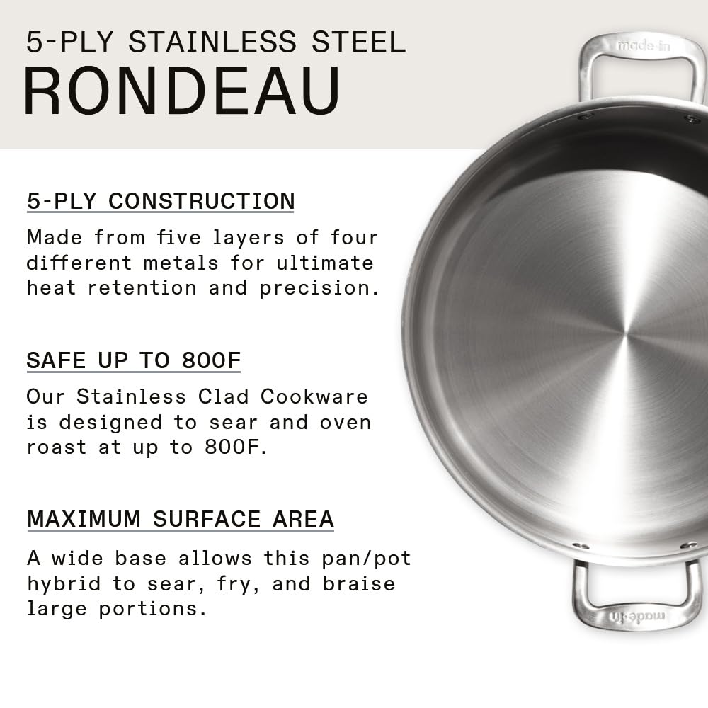 Made In Cookware - 10 Quart Stainless Steel Rondeau Pot w/Lid - 5 Ply Stainless Clad - Professional Cookware - Crafted in Italy - Induction Compatible