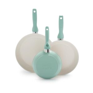 greenpan rio healthy ceramic nonstick 7" 9.5" and 11" frying pan skillet set, pfas-free, dishwasher safe, turquoise