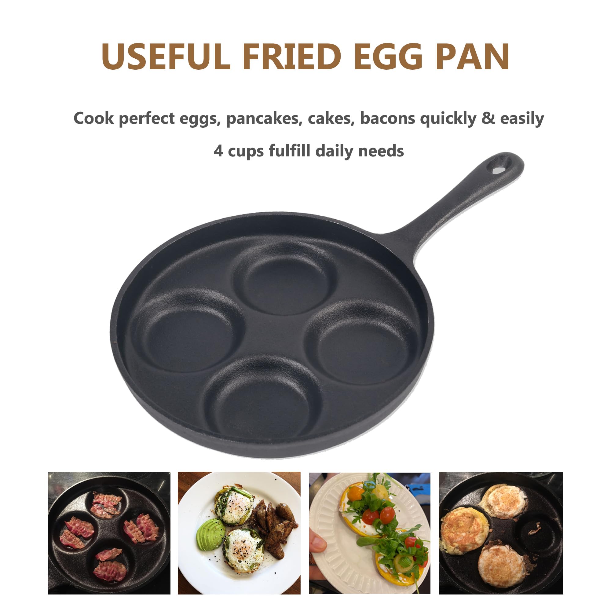 waykea 4-Cup Cast Iron Fried Egg Pan 9.5” Pancake Pan Burger Omelet Cooker Griddle Egg Skillet for Breakfast, Kitchen Cookware for Gas Stove & Induction Cooker