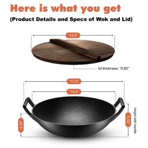 Klee Pre-Seasoned Cast Iron Wok Pan with Wood Wok Lid and Handles - 14" Large Wok Pan with Flat Base and Non-Stick Surface for Deep Frying, Stir-Frying, Grilling, Steaming - Stovetop and Oven Safe