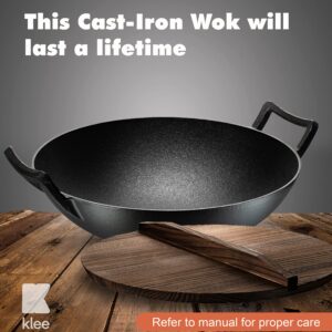 Klee Pre-Seasoned Cast Iron Wok Pan with Wood Wok Lid and Handles - 14" Large Wok Pan with Flat Base and Non-Stick Surface for Deep Frying, Stir-Frying, Grilling, Steaming - Stovetop and Oven Safe