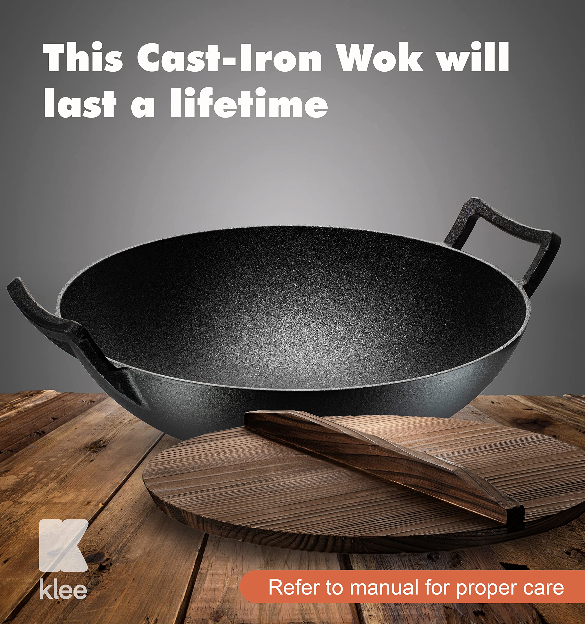 Klee Pre-Seasoned Cast Iron Wok Pan with Wood Wok Lid and Handles - 14" Large Wok Pan with Flat Base and Non-Stick Surface for Deep Frying, Stir-Frying, Grilling, Steaming - Stovetop and Oven Safe