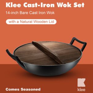 Klee Pre-Seasoned Cast Iron Wok Pan with Wood Wok Lid and Handles - 14" Large Wok Pan with Flat Base and Non-Stick Surface for Deep Frying, Stir-Frying, Grilling, Steaming - Stovetop and Oven Safe