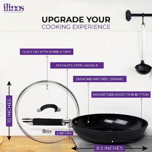 Ilinos 10 Inch Frying Pan - Non-stick Ceramic Pan with Lid for Gas and Induction Cookers, Oven and Dishwasher Safe Frying Pan With Lid, High Heat Resistance and Even Heat Distribution