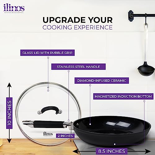 Ilinos 10 Inch Frying Pan - Non-stick Ceramic Pan with Lid for Gas and Induction Cookers, Oven and Dishwasher Safe Frying Pan With Lid, High Heat Resistance and Even Heat Distribution