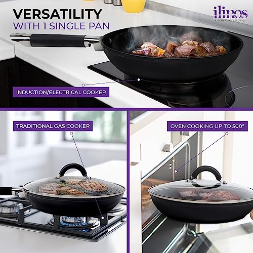 Ilinos 10 Inch Frying Pan - Non-stick Ceramic Pan with Lid for Gas and Induction Cookers, Oven and Dishwasher Safe Frying Pan With Lid, High Heat Resistance and Even Heat Distribution