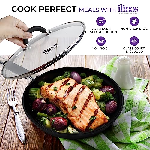 Ilinos 10 Inch Frying Pan - Non-stick Ceramic Pan with Lid for Gas and Induction Cookers, Oven and Dishwasher Safe Frying Pan With Lid, High Heat Resistance and Even Heat Distribution