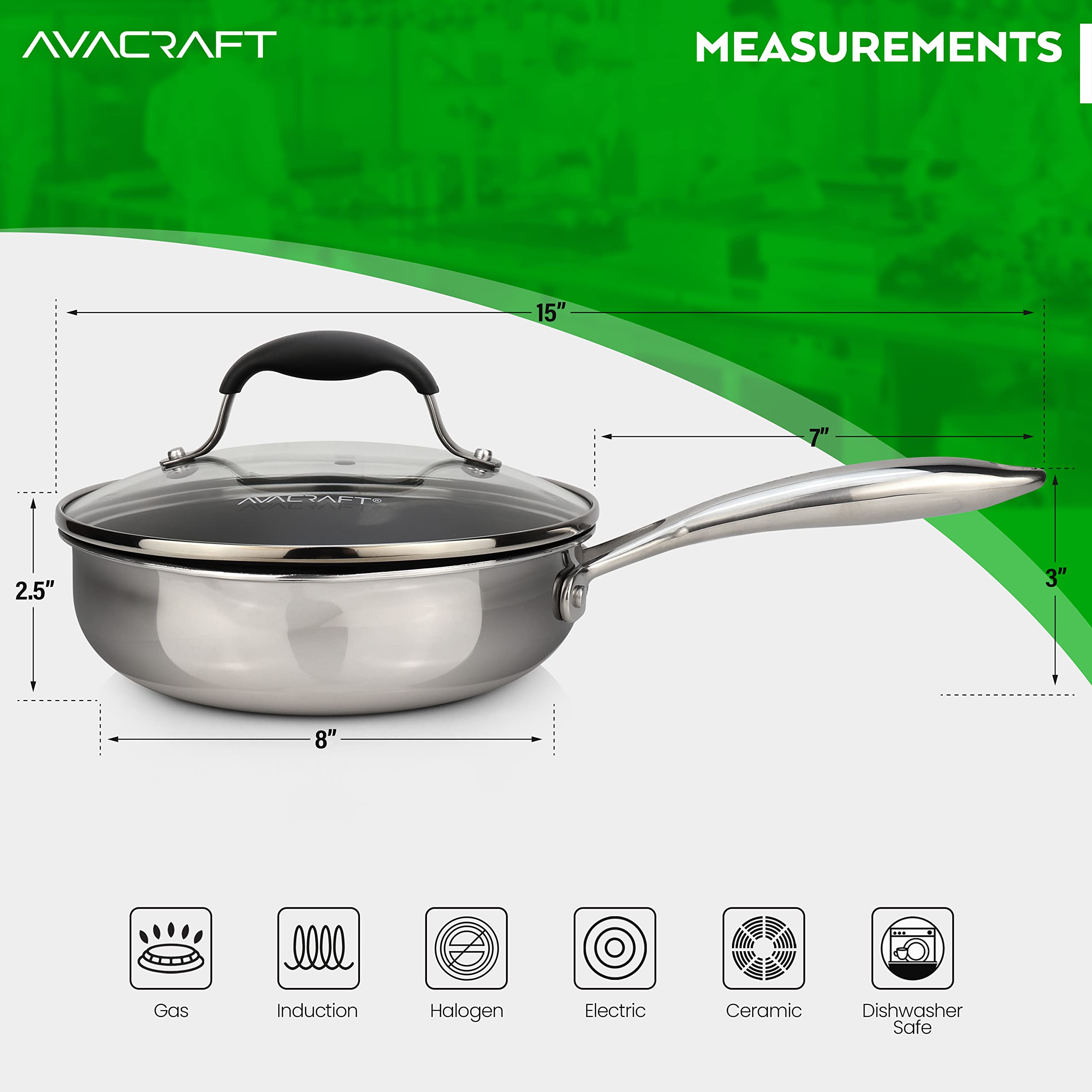 AVACRAFT Ceramic Nonstick Frying Pan with Lid, Egg Pan, Ceramic Nonstick Skillet, 100% PFOA, PTFE Toxins Free Cooking Pan, Best Ceramic Pans for Cooking (8 inch Non-Stick Frying Pan)