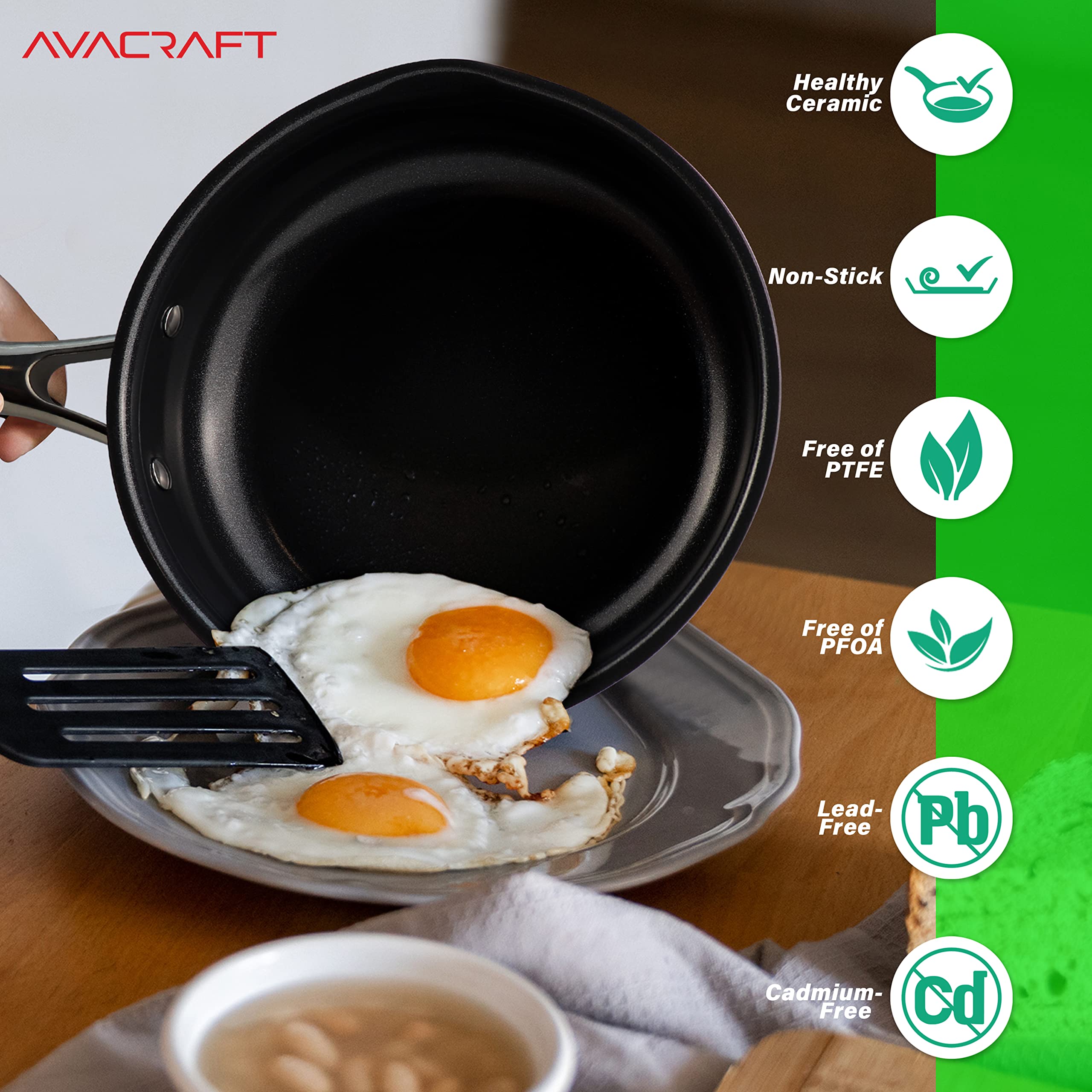 AVACRAFT Ceramic Nonstick Frying Pan with Lid, Egg Pan, Ceramic Nonstick Skillet, 100% PFOA, PTFE Toxins Free Cooking Pan, Best Ceramic Pans for Cooking (8 inch Non-Stick Frying Pan)