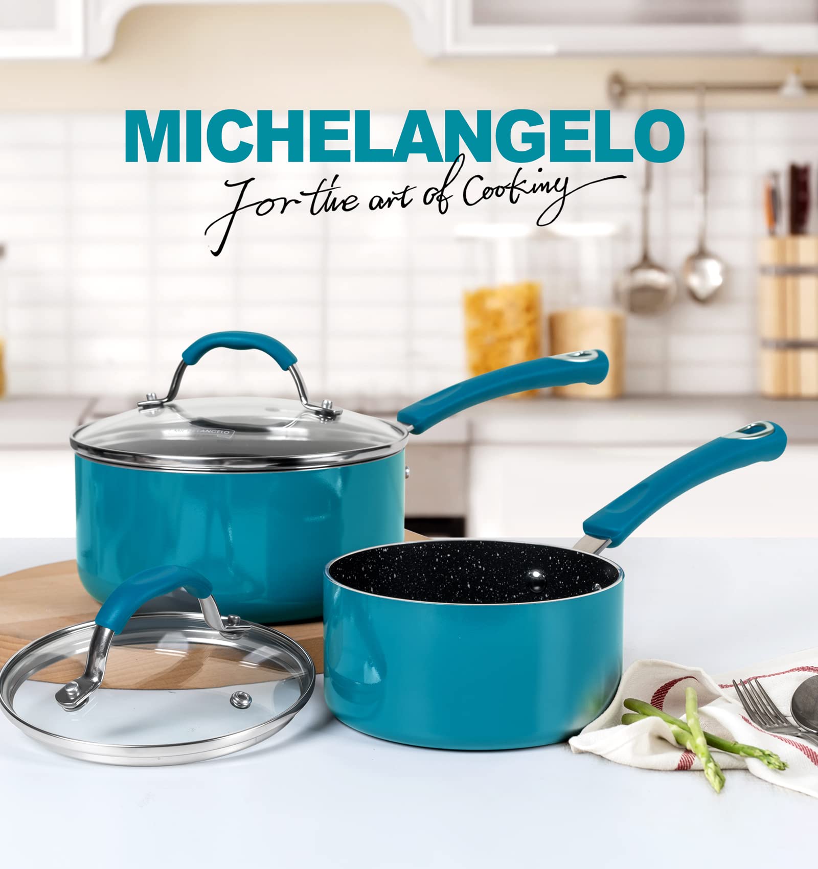 MICHELANGELO Sauce Pan Sets, Saucepans with Lids, 1Qt & 2Qt Sauce Pan with lid, Enameled Small Pot with Lid, Nonstick Saucepan Set, Sauce Pot with Silicone Handle, Oven Safe, Cyan