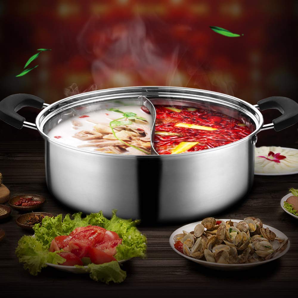 Kerykwan 304 Food Grade Stainless Steel Shabu Shabu Hot pot with Divider&Lid for Induction Cooktop Gas Stove Dual Sided Soup Cookware (11 inch)