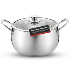 hamilton beach stainless steel 7-quart dutch oven - professional premium oven safe stock pot with ergonomic handle & glass lid - fryer pot for braising