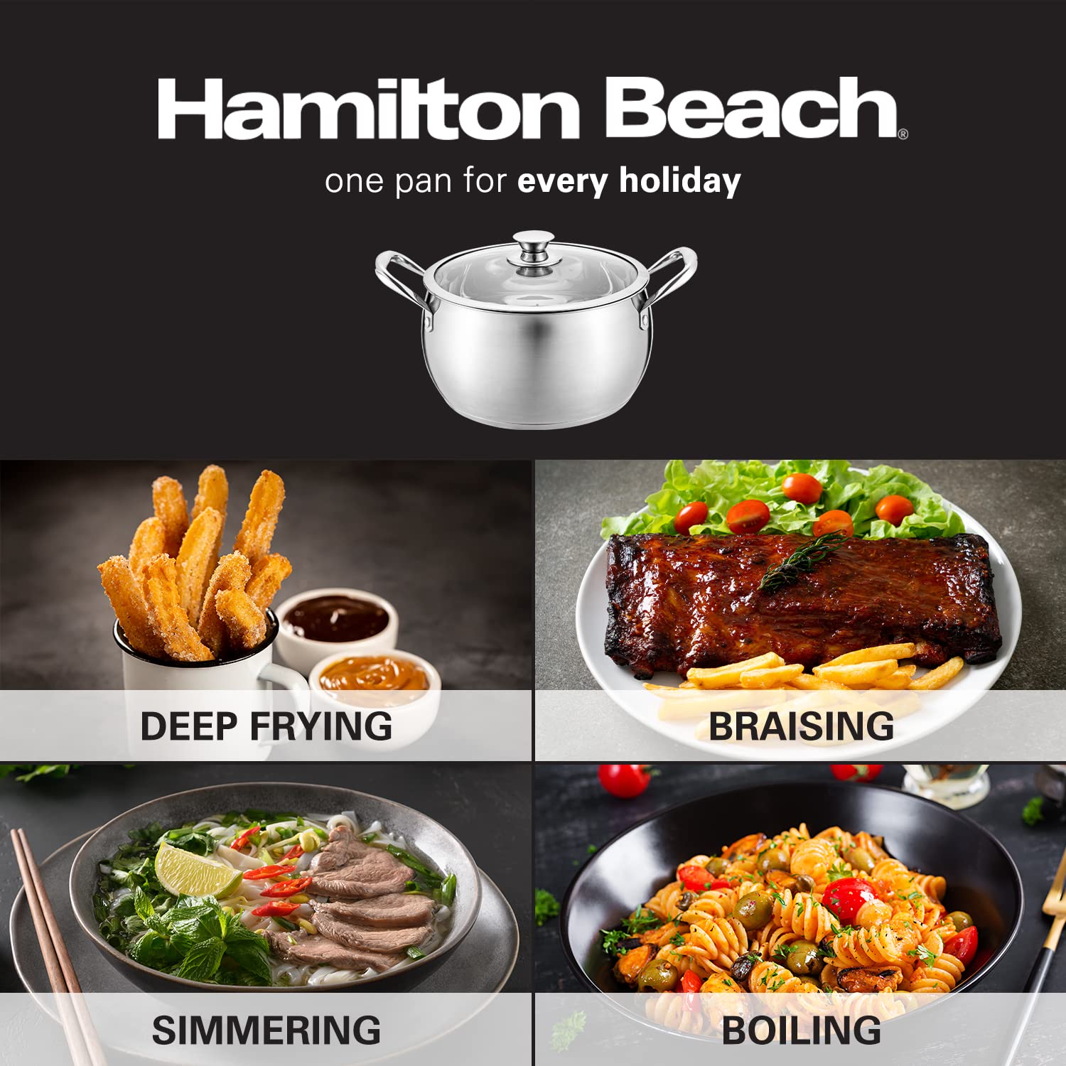 Hamilton Beach Stainless Steel 7-Quart Dutch Oven - Professional Premium Oven Safe Stock Pot with Ergonomic Handle & Glass Lid - Fryer Pot for Braising