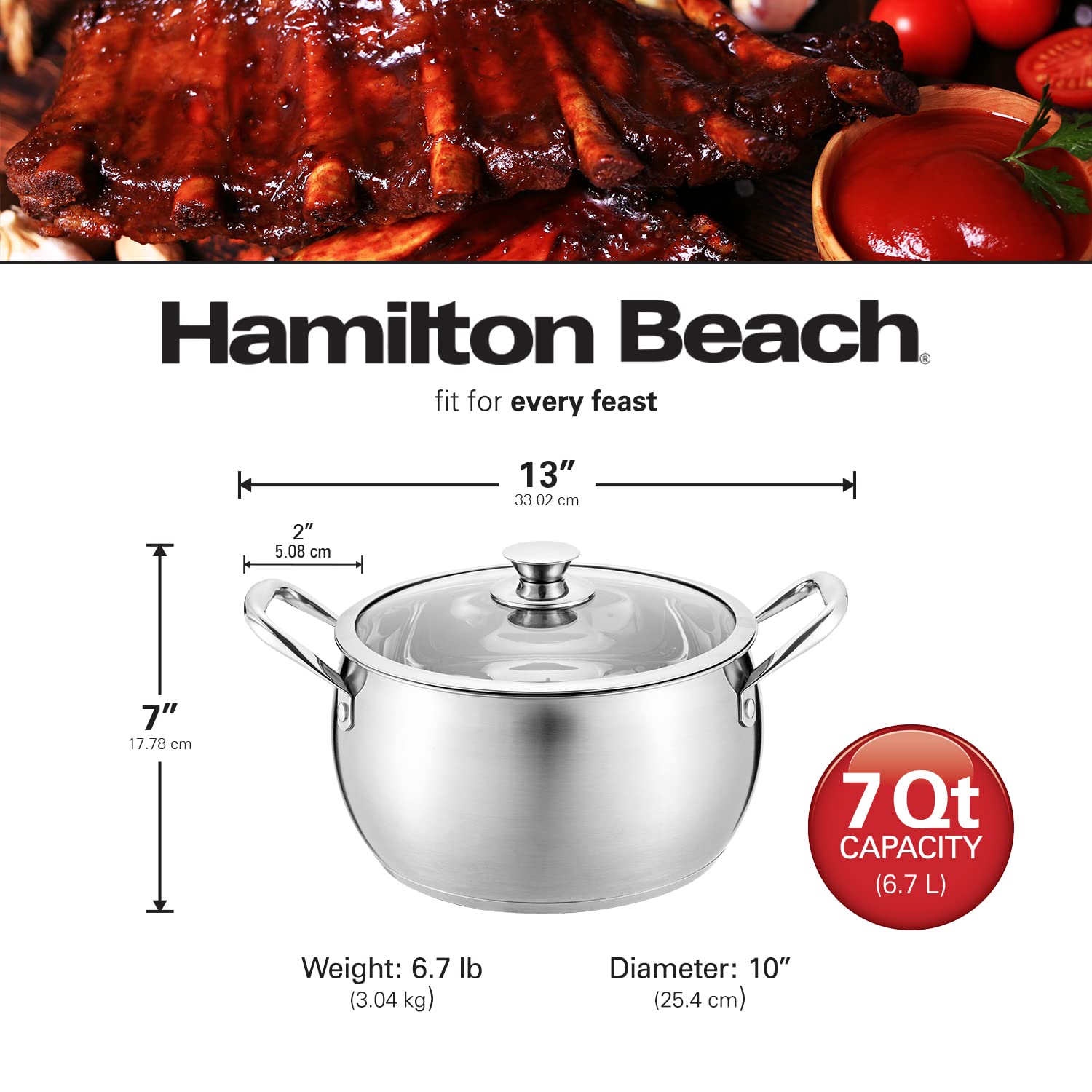 Hamilton Beach Stainless Steel 7-Quart Dutch Oven - Professional Premium Oven Safe Stock Pot with Ergonomic Handle & Glass Lid - Fryer Pot for Braising