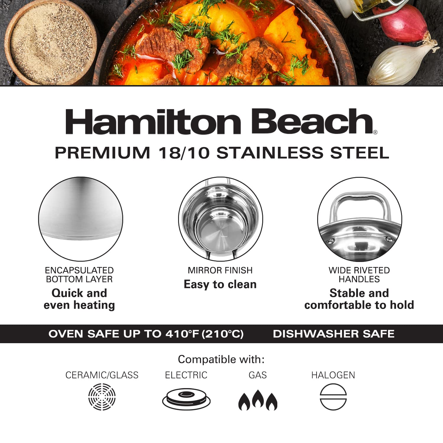 Hamilton Beach Stainless Steel 7-Quart Dutch Oven - Professional Premium Oven Safe Stock Pot with Ergonomic Handle & Glass Lid - Fryer Pot for Braising