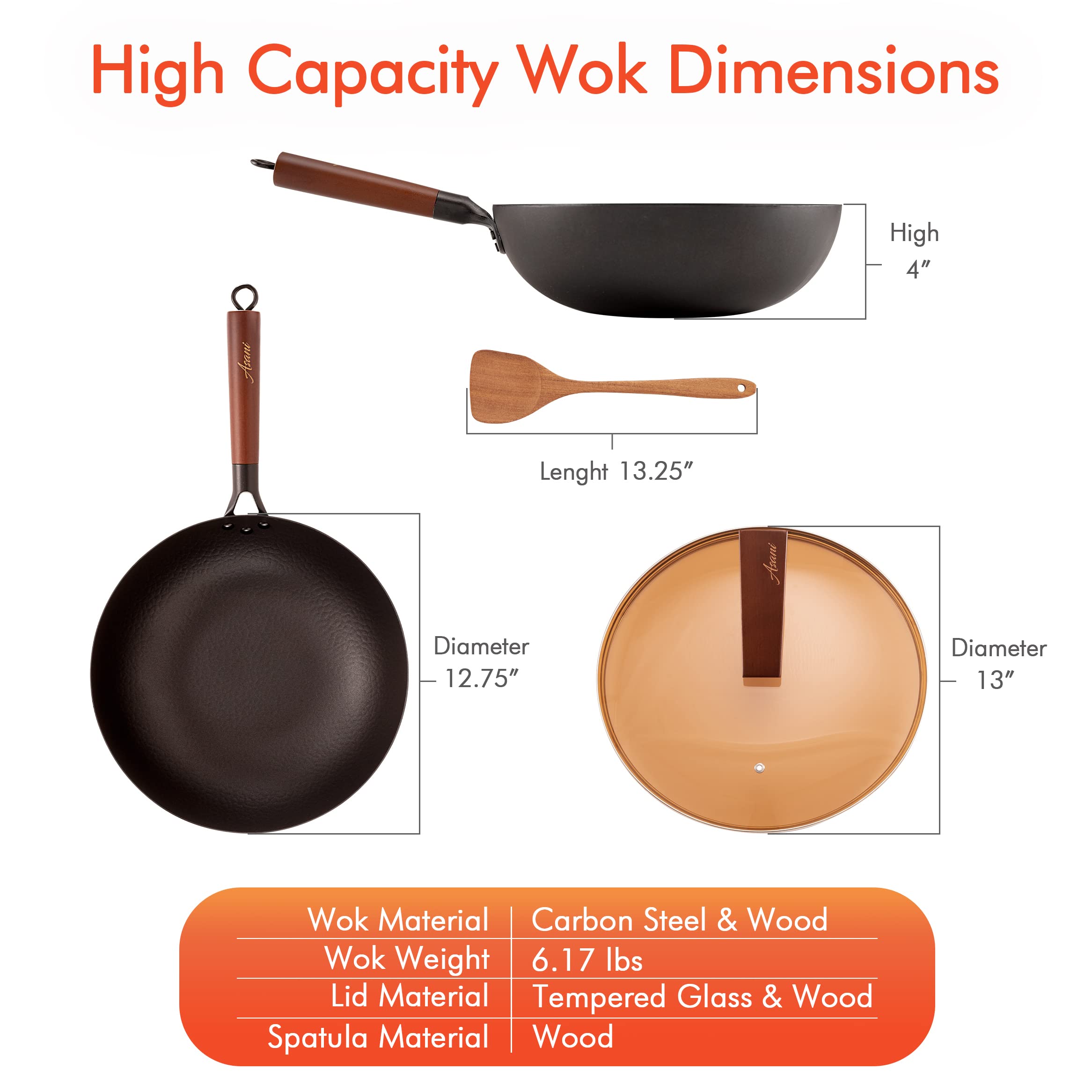 Carbon Steel Wok with Lid and Wooden Spatula, 12.5 Inch Flat Bottom Wok Pan for Gas, Electric, and Induction Stoves, Heat-Resistant Handle and Glass Lid with Stand, Versatile Stir Fry Pan