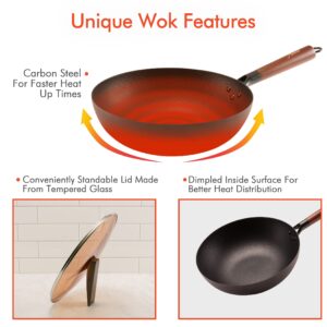 Carbon Steel Wok with Lid and Wooden Spatula, 12.5 Inch Flat Bottom Wok Pan for Gas, Electric, and Induction Stoves, Heat-Resistant Handle and Glass Lid with Stand, Versatile Stir Fry Pan