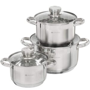 daniks standard stainless steel kitchen induction pot cookware set | 6-piece | dishwasher safe pots | 2 quart + 3 quart + 4 quart | measuring scale | silver